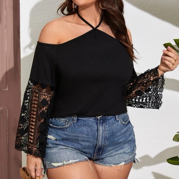 Tops | Plus Size Lace Sleeve Cold Shoulder Halter Top | Poshmark
